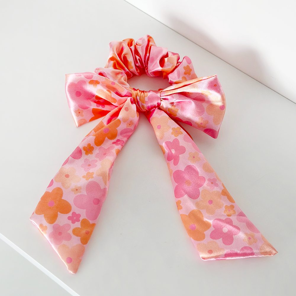 Satin Bow Scrunchie - Pink & Orange Bloom | Hair Accessories | Coconut Lane
